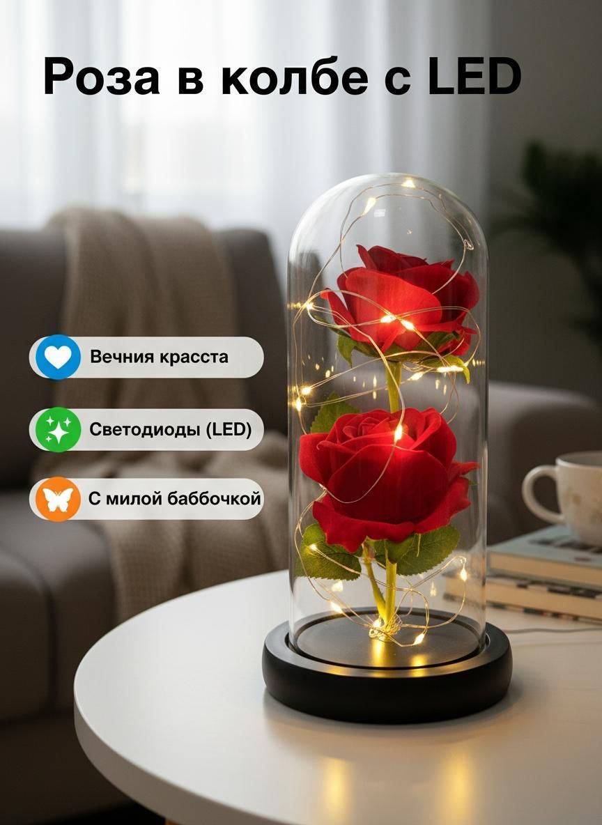 Роза в стеклянной колбе с LED-огоньками, для декора дома и подарков