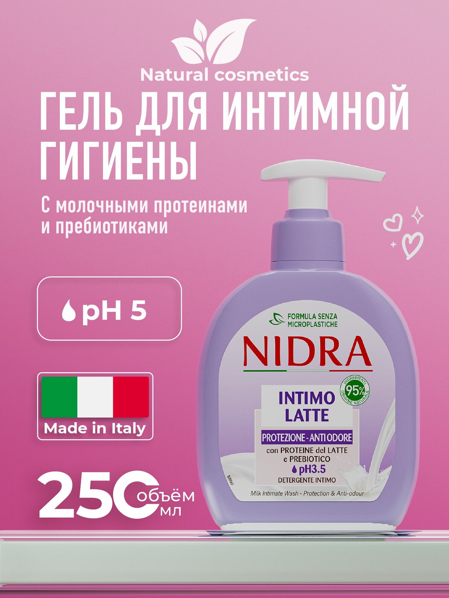NIDRA Гель для интимной гигиены с молочными протеинами и пребиотиками PROTECTION AND ANTI-ODOUR рН 3,5 250м гель с пребиотиками интимный гель рН 3,5 250 мл