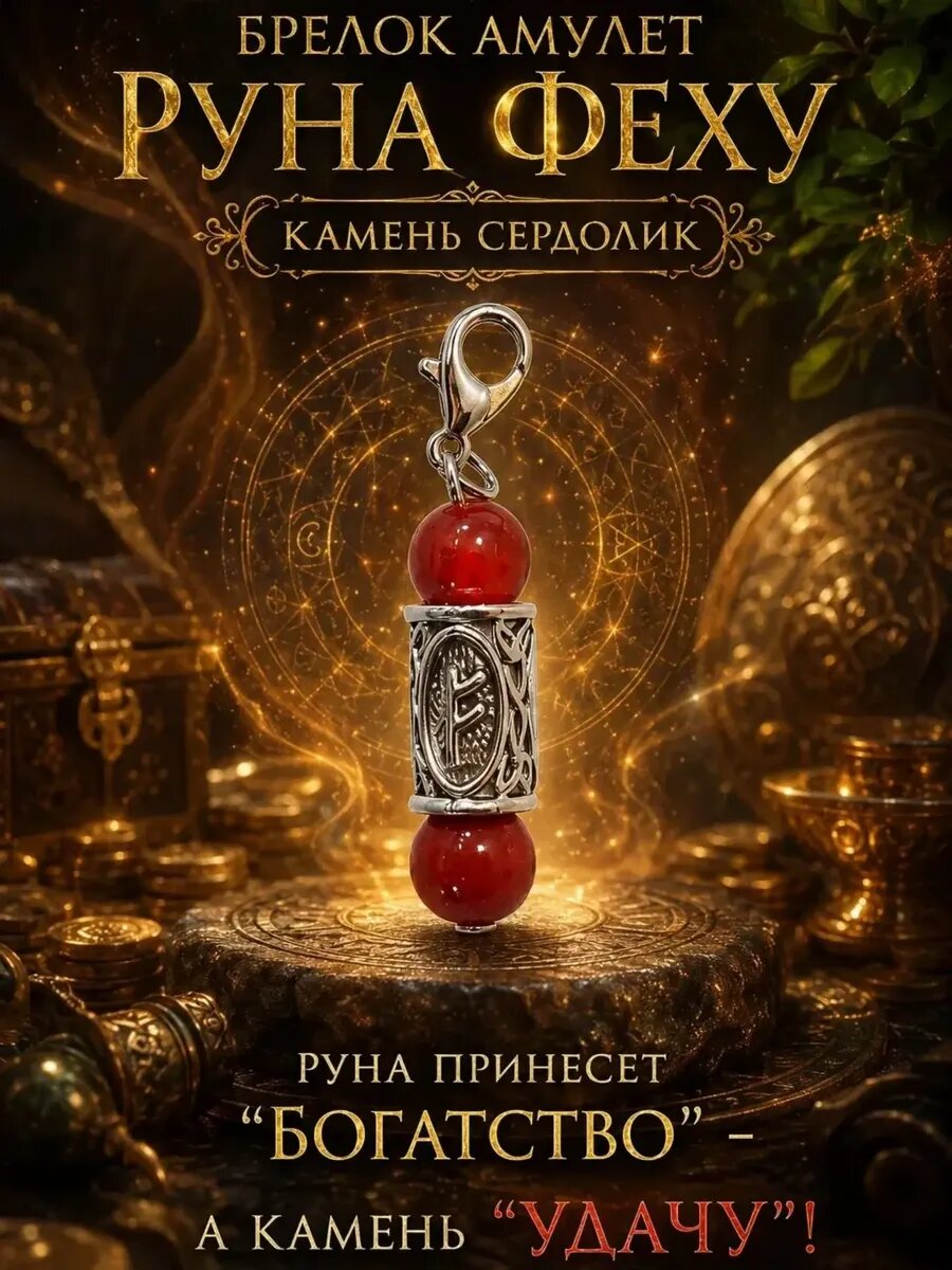 Брелок руна феху с натуральным камнем сердолик
