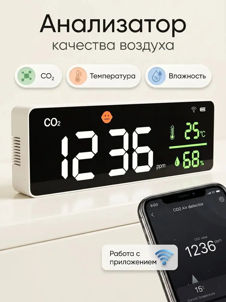 Детектор углекислого газа СО2, температуры и влажности, Белый, LCD-дисплей, Tuya Smart