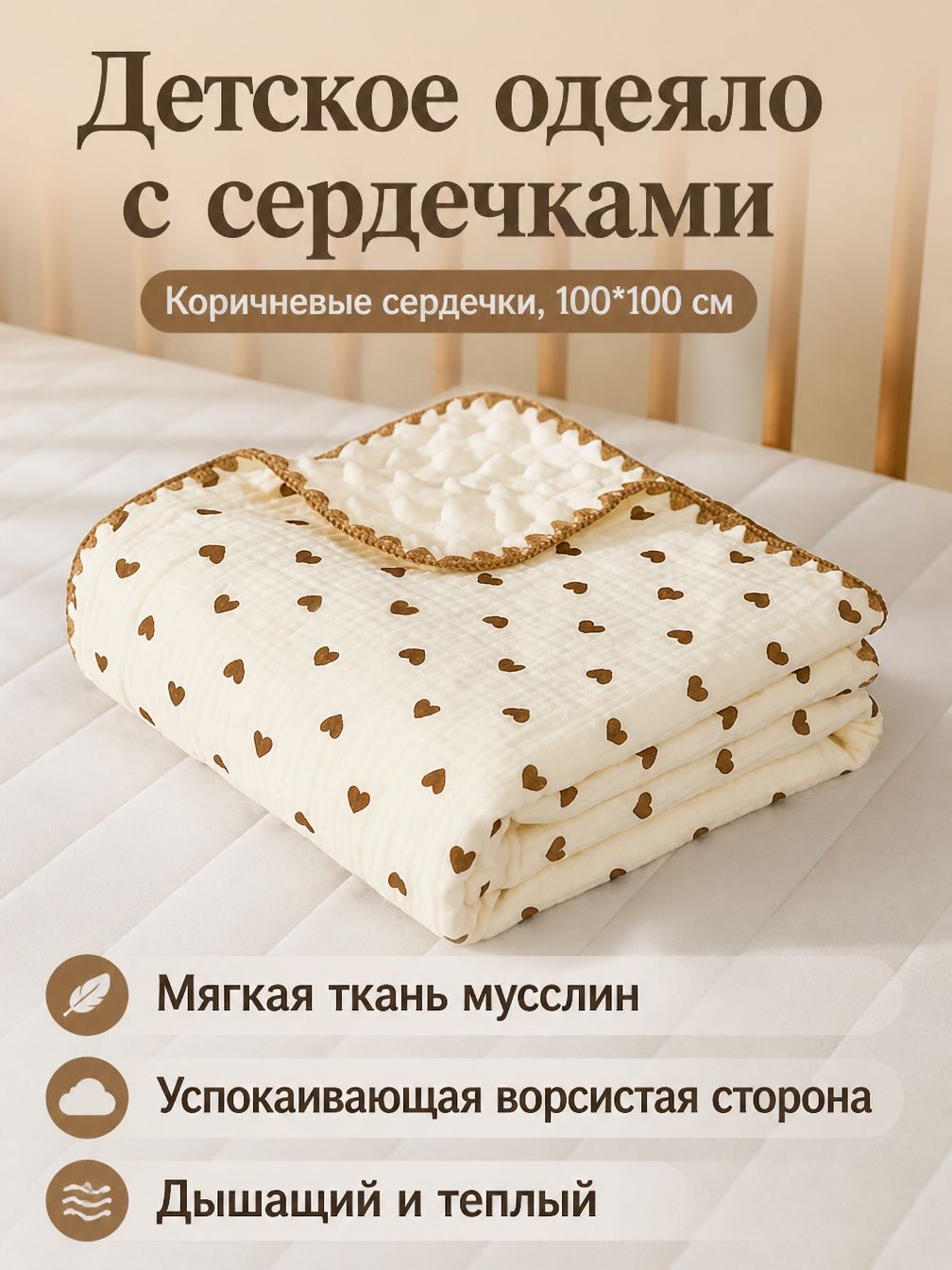 Детское одеяло 100x100 см с коричневым сердечком, двустороннее из муслина и велюра для новорожденных