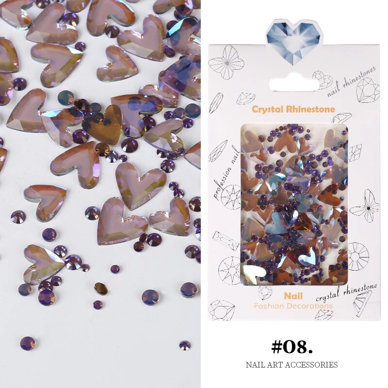 Стразы QIAO для дизайна ногтей 50+300шт Фиолетовый, heart purple
