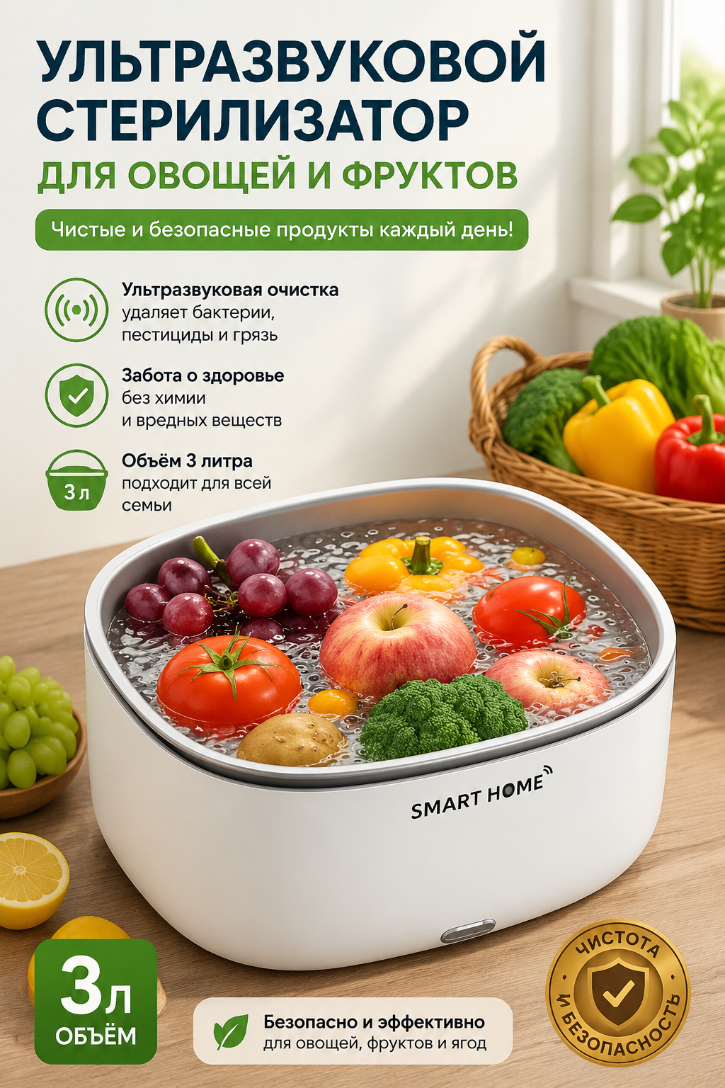 Ультразвуковой стерилизатор для овощей и фруктов, бытовая мойка для продуктов, 3 л, белый