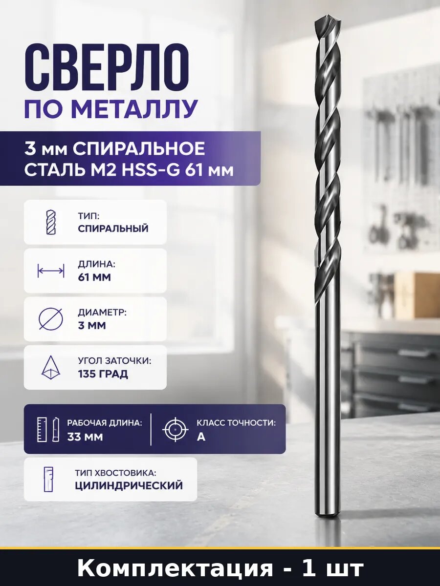 Сверло по металлу 3 мм спиральное сталь М2 HSS-G 61 мм