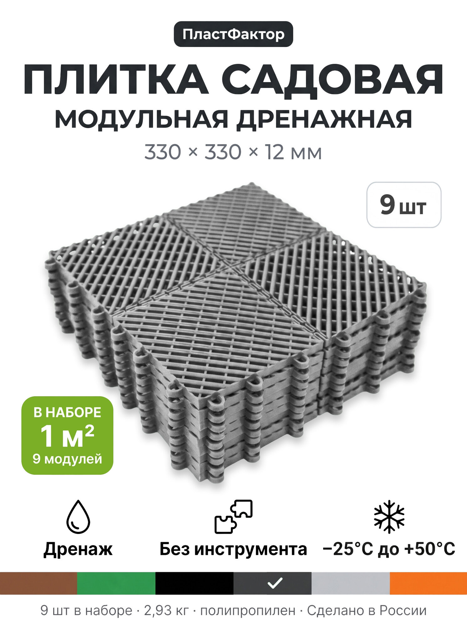Плитка садовая модульная дренажная ПластФактор City (33*33*1,2 см; 9 шт; 1 м), серый, RAL 7037