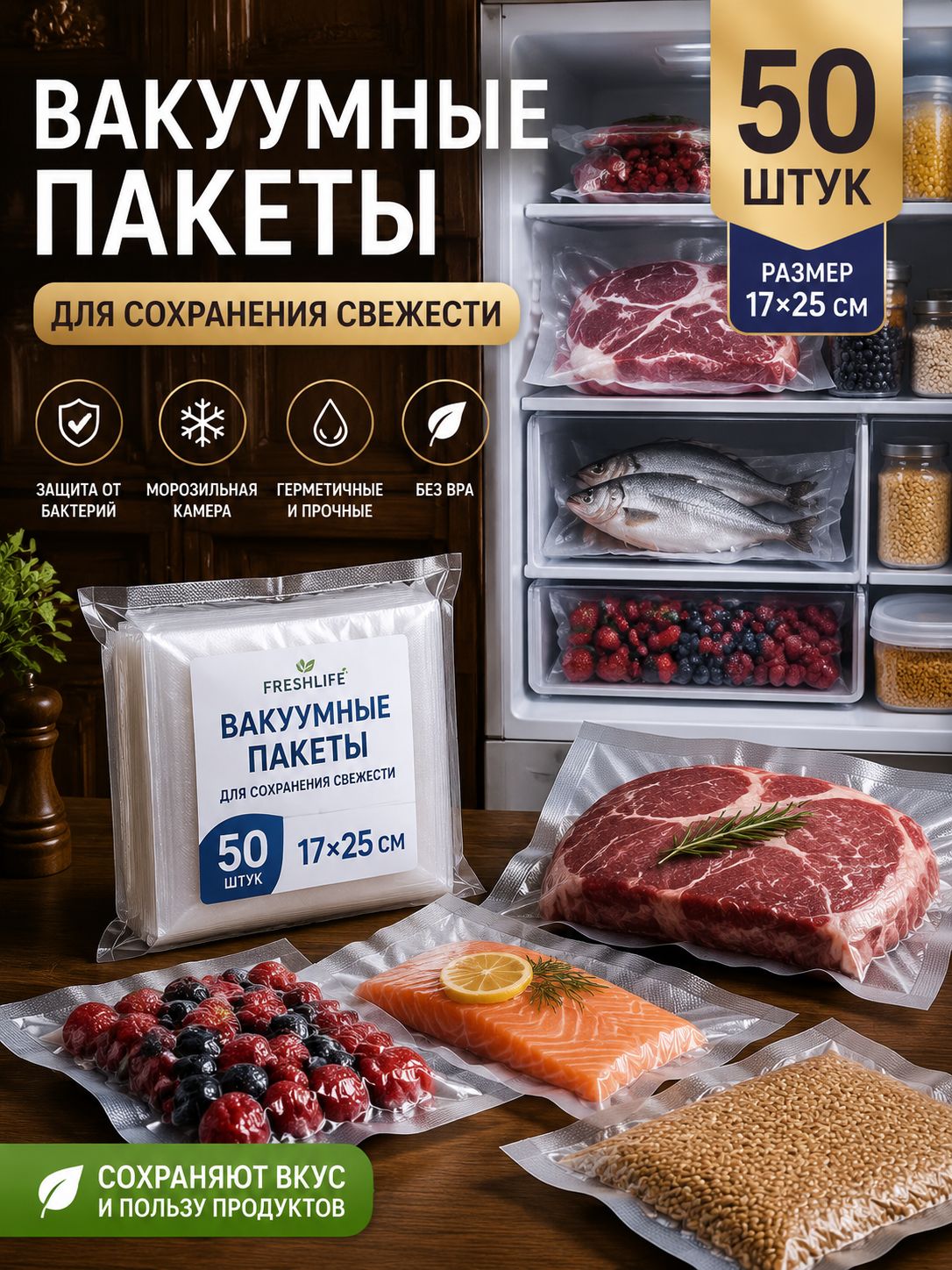 Пакеты для вакууматора,17*25 см, 50 шт.