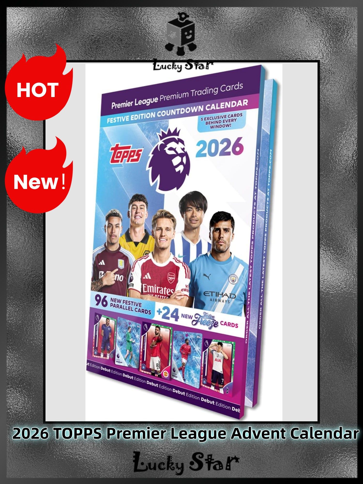 Topps Premier League 2026 Advent Calendar, Подарочная коробка календаря обратного отсчета,24 упаковки (96 карточек)