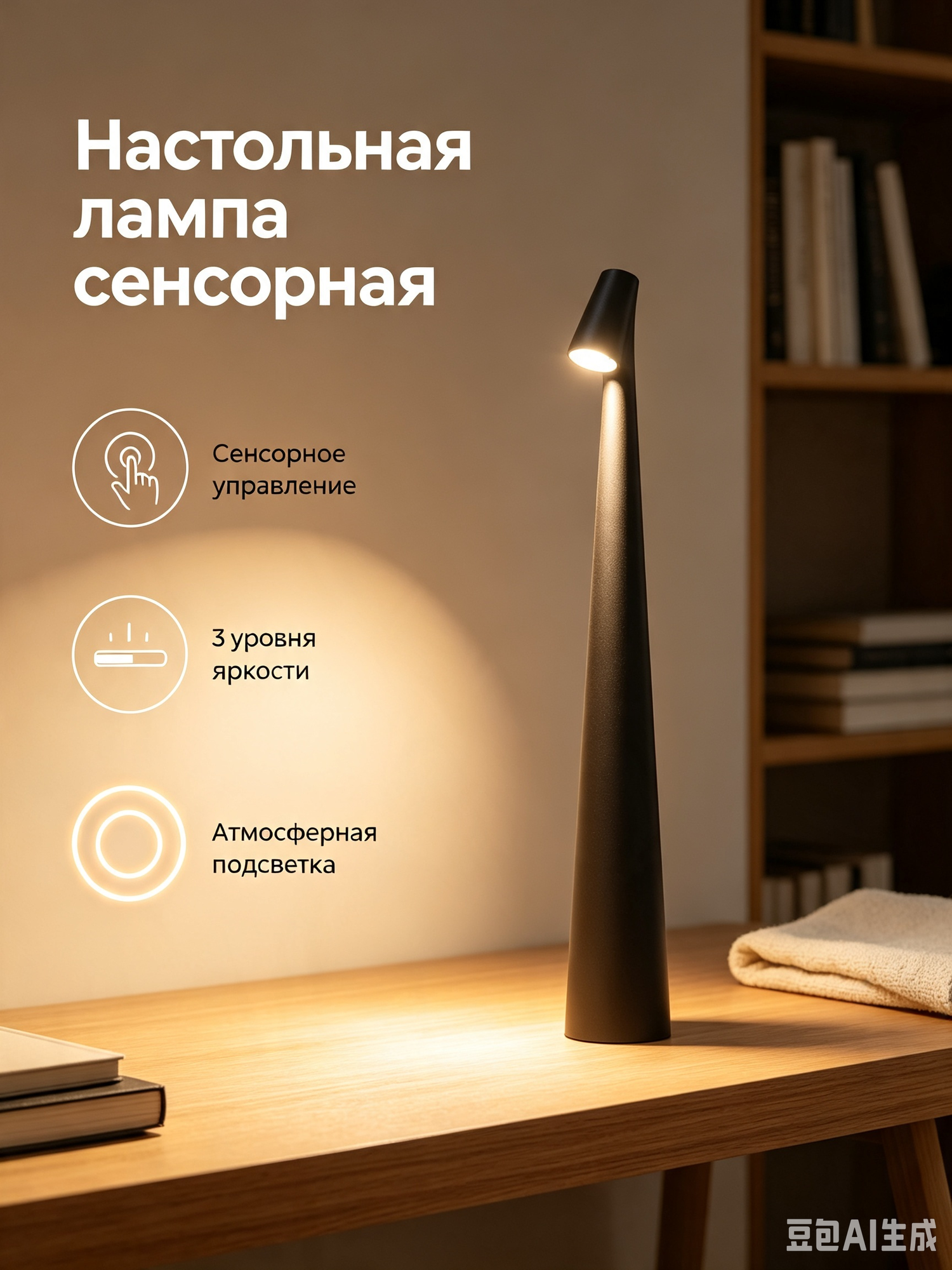 Настольная лампа сенсорная, светодиодная, 3 цвета яркости, 3000-6000 К, чёрная конусная, для спальни