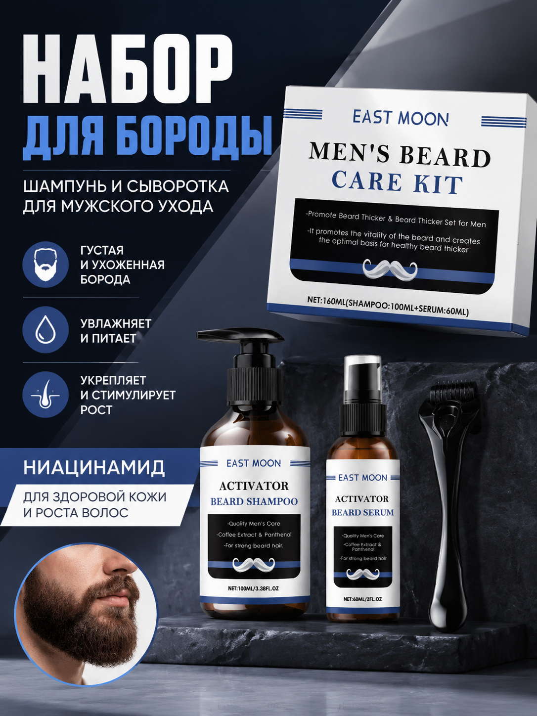 Набор для бороды, шампунь и сыворотка, уход за мужской бородой, ниацинамид