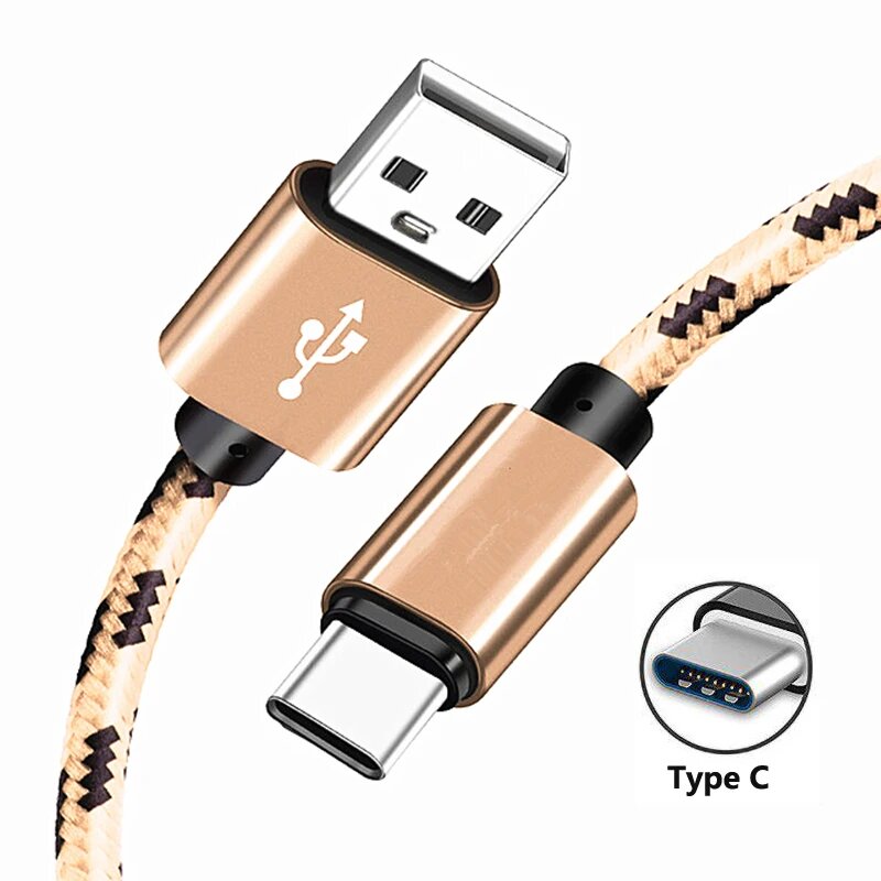 USB C металлический плетеный кабель синхронизации данных Тип C USB кабель для 1 м, Желтый, Gold