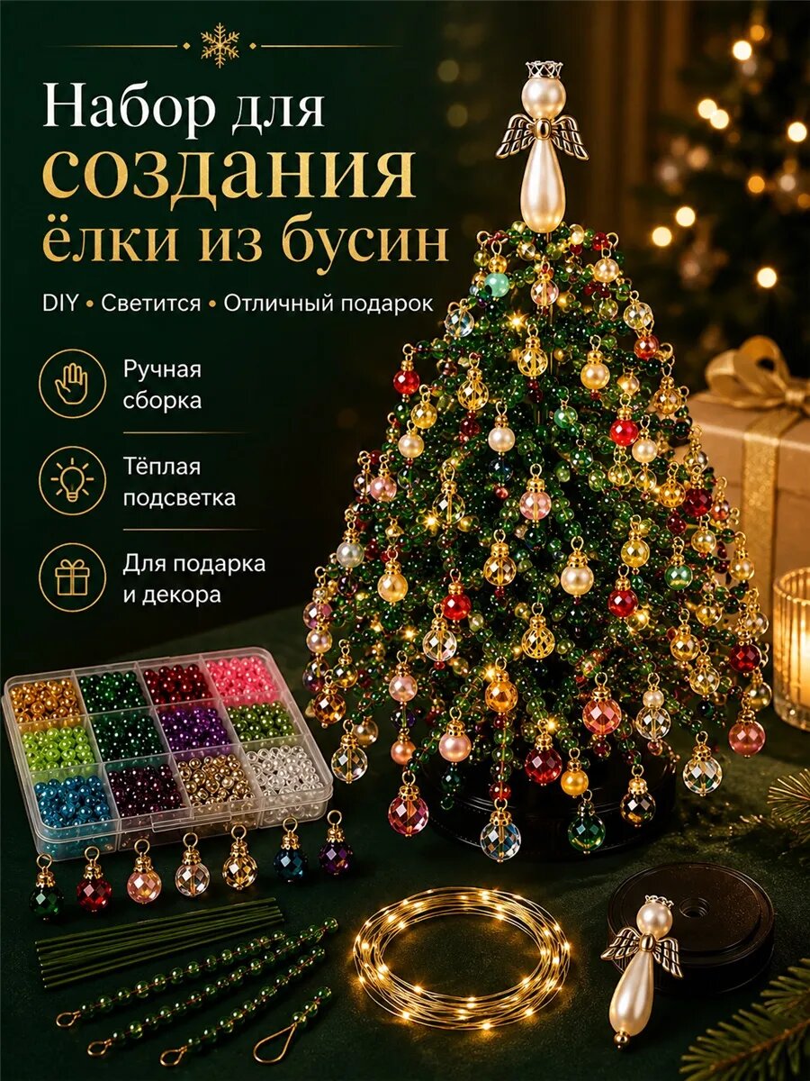Елка из бусин и бисера DIY с подсветкой — стильный светящийся декор для дома.