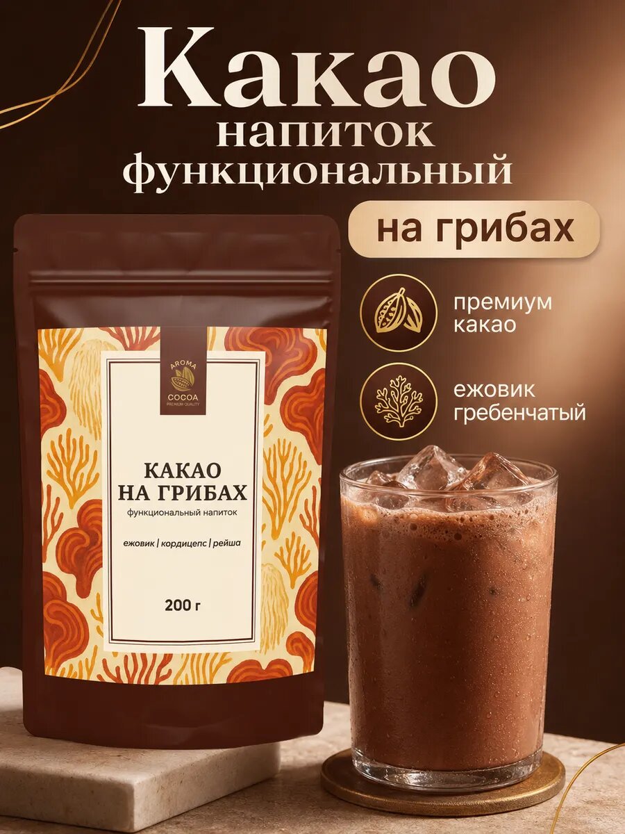 Какао порошок, Aroma Cocoa, натуральный, какао напиток без сахара, на грибах, 200 г