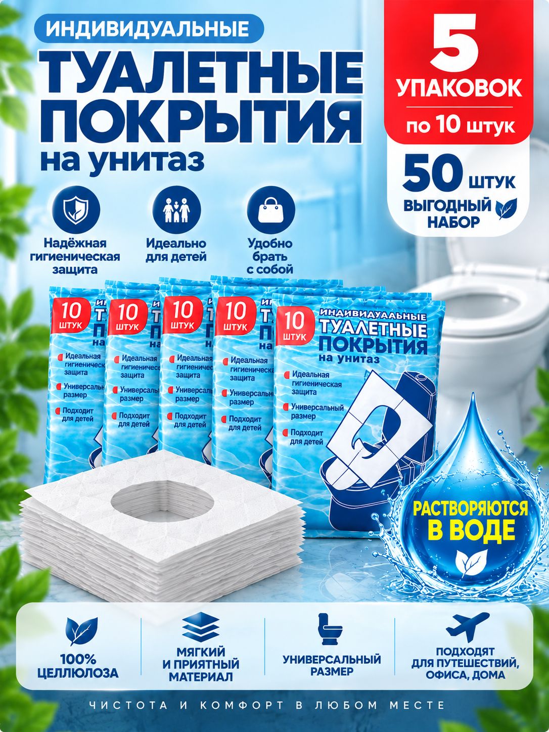 Накладки на унитаз одноразовые бумажные, 50 шт. (5 упаковок по 10 штук), растворимые в воде, универсальные гигиенические покрытия на сиденье унитаза, белые