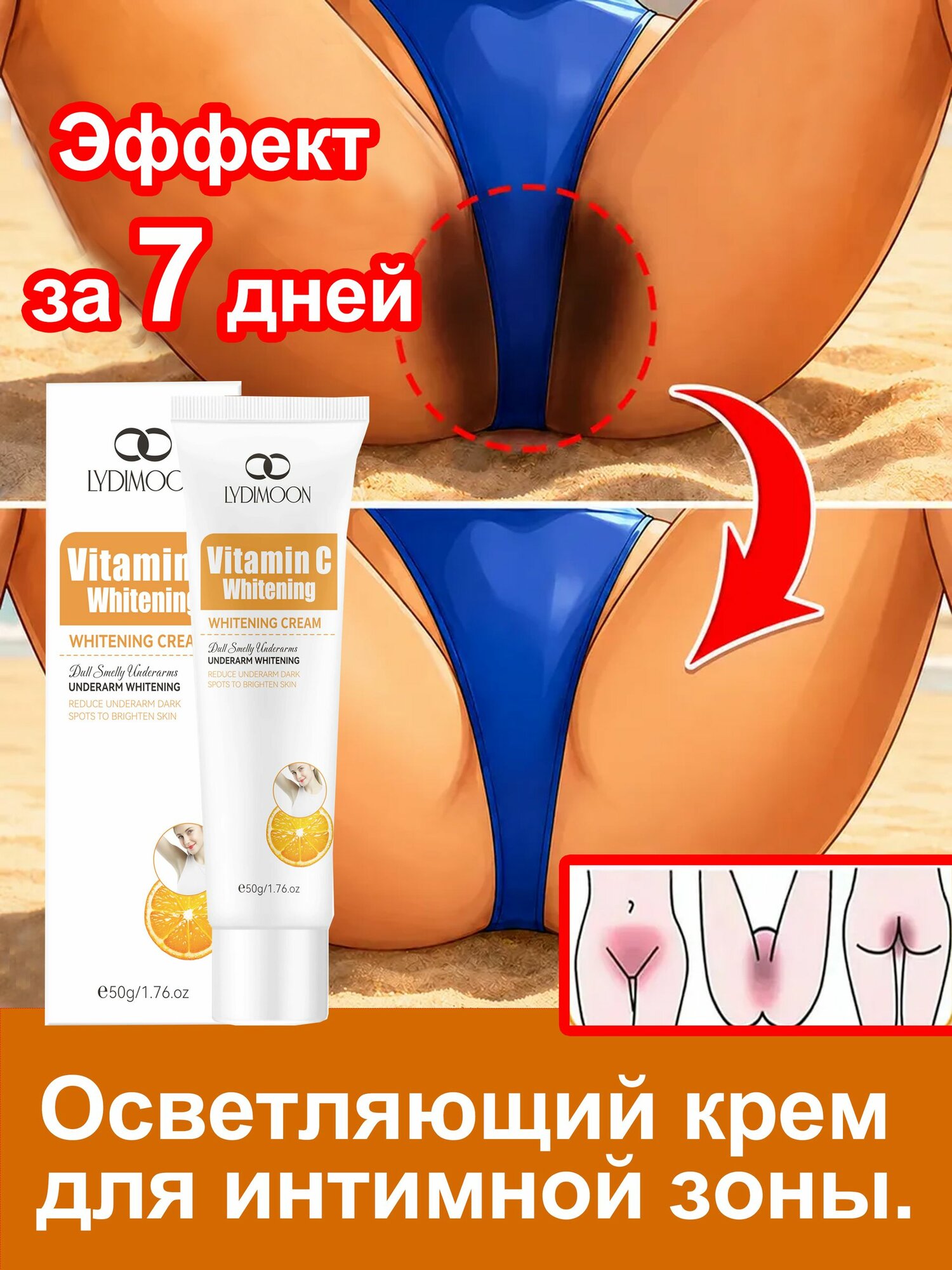Осветляющий крем для тела с витамином С, подходит для всего тела, включая интимные зоны. Быстро удаляет стойкую пигментацию. 50 г.