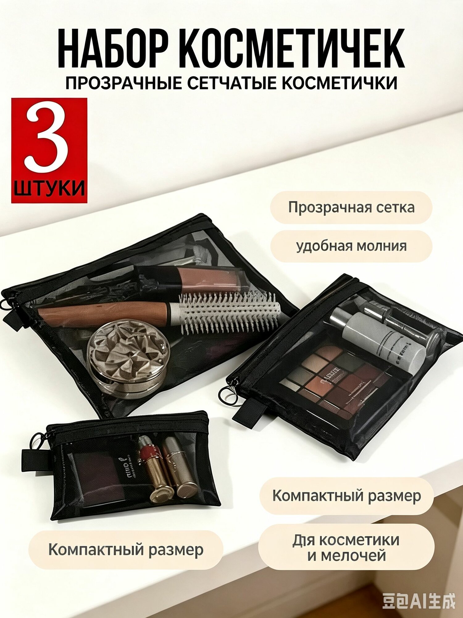 Набор органайзеров косметичек для сумки , 3 штуки, несессер дорожный мужской и женский