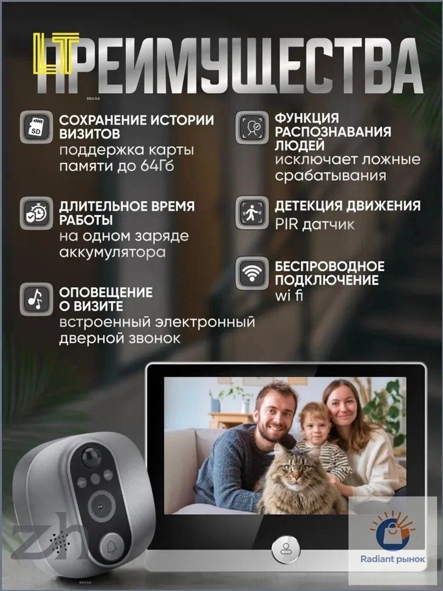 Видеоглазок Wi-Fi с датчиком движения HD, стандартный вариант модели