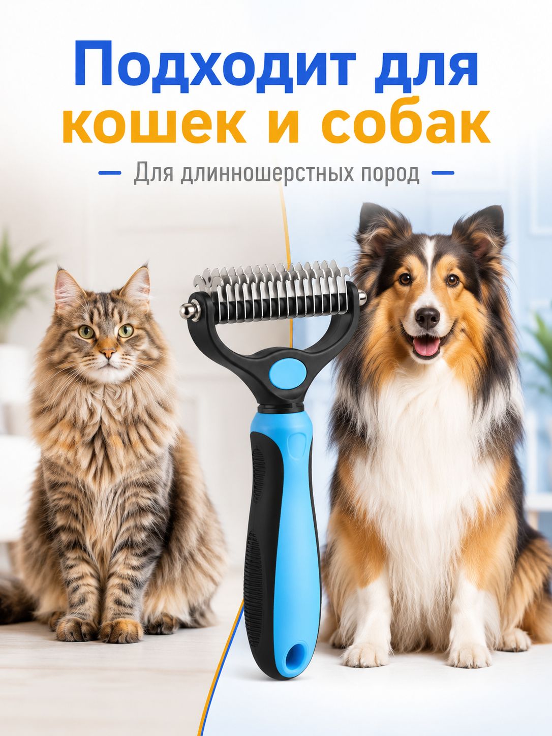 Расческа для кошек и собак, Колтунорез для собак, дешеддер, щетка для вычесывания, чесалка для кошек, 2в1, цвет голубой