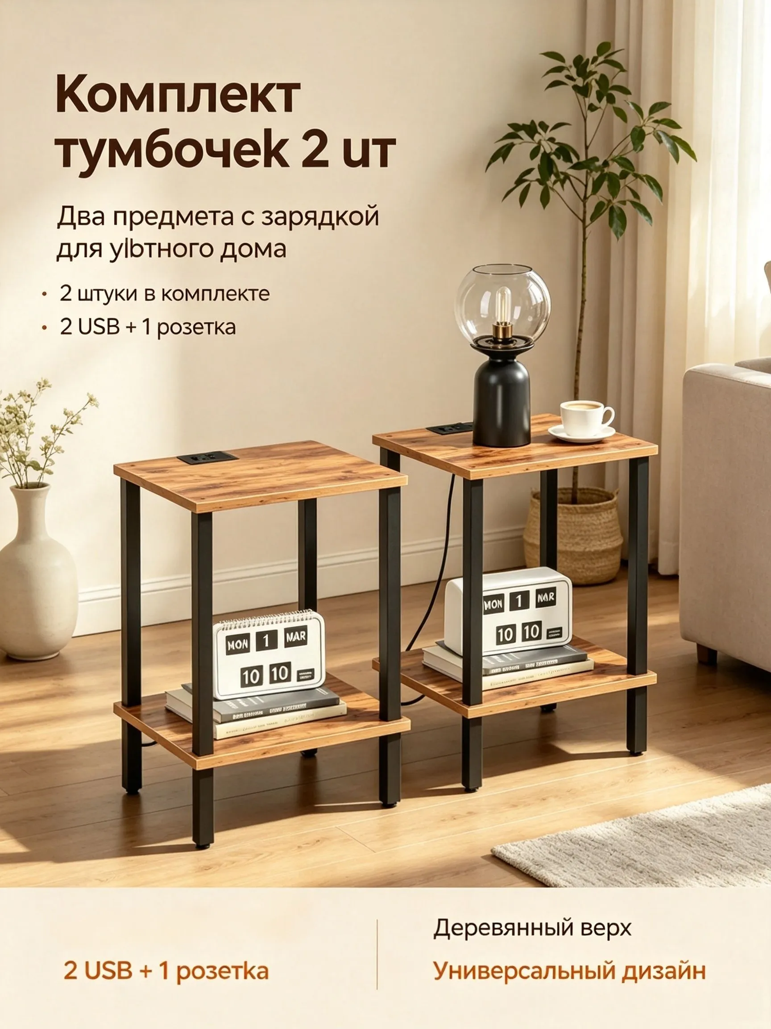 Коричневые двухполочные приставные столики, комплект 2 шт, с сетевой розеткой и USB‑портом, размеры 38×30×55 см
