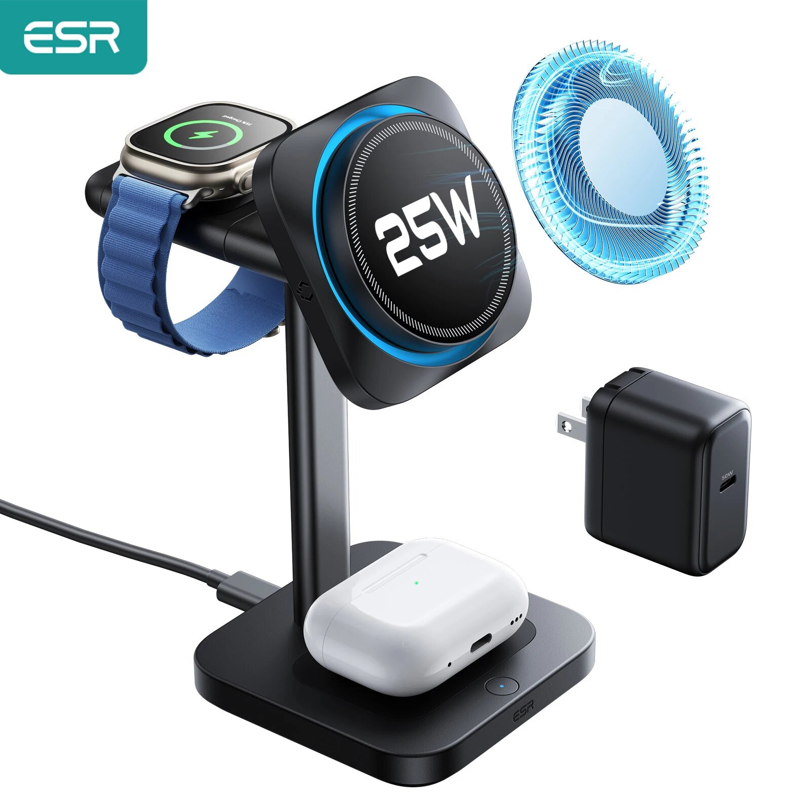 Зарядная станция ESR 3-в-1 для MagSafe 25 Вт с CryoBoost для iPhone 17/16/15/14/13/12, AirPods и Apple Watch
