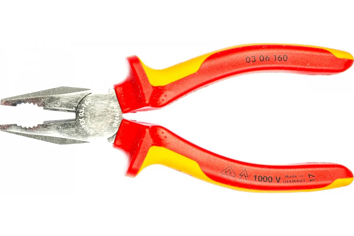 Пассатижи Knipex 0306160 1000V, комбинированные, диэлектрические, 160 мм, 60 HRC, желтый/красный