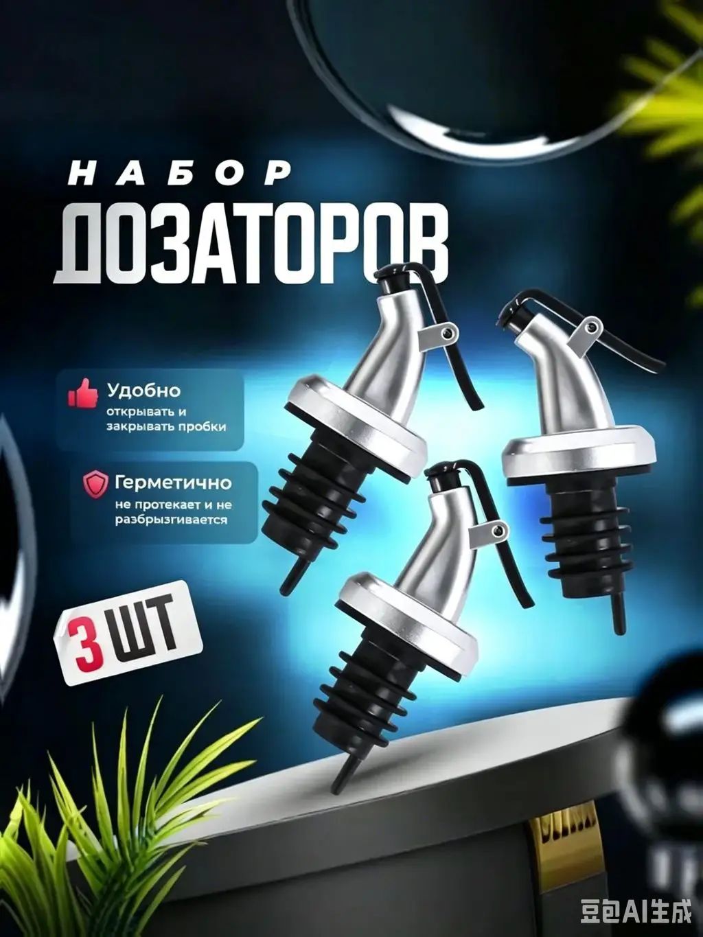 Дозатор для напитков 3 шт пищевой пластик серебристый