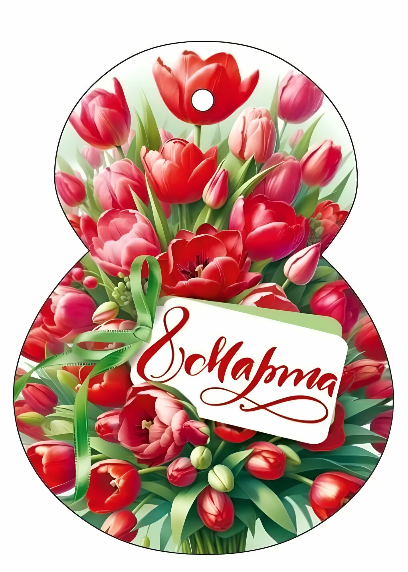 Мини-открытка 8 марта, красные тюльпаны, 1 шт, 8,5х11,4 см