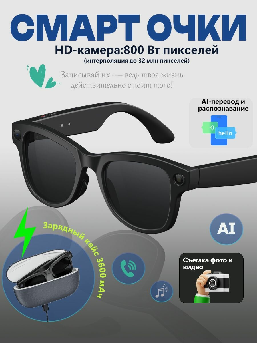 Очки с Камерой Sony 8 Мп, 4K Видео, SmartGlasses с ИИ и ПереводомКомплект с зарядным футляром для очков емкостью 3600 мА ч
