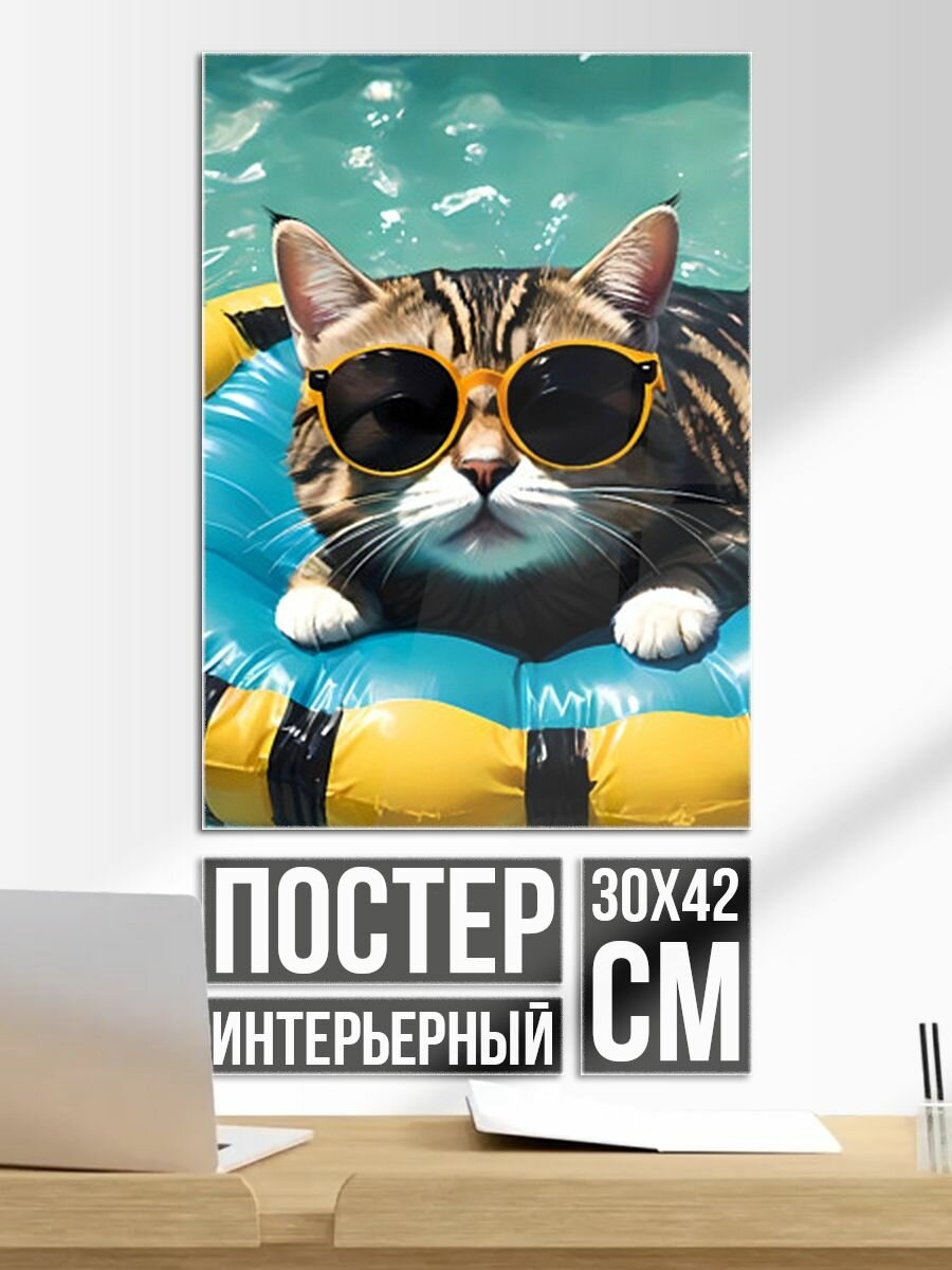 Постер на стену Кот в солнцезащитных очках плавает в бассейне на надувном матрасе