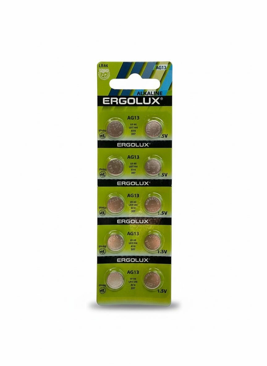 Батарейки таблетки Ergolux AG13 LR44, 357 А, 1,5 В, щелочные (алкалиновые), для часов, игрушек, блистер, 10 батареек