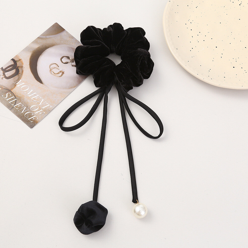 Элитный черный бархатный резинка для волос для женщин с жемчужной тканью, большой аксессуар для волос на затылке в корейском стиле