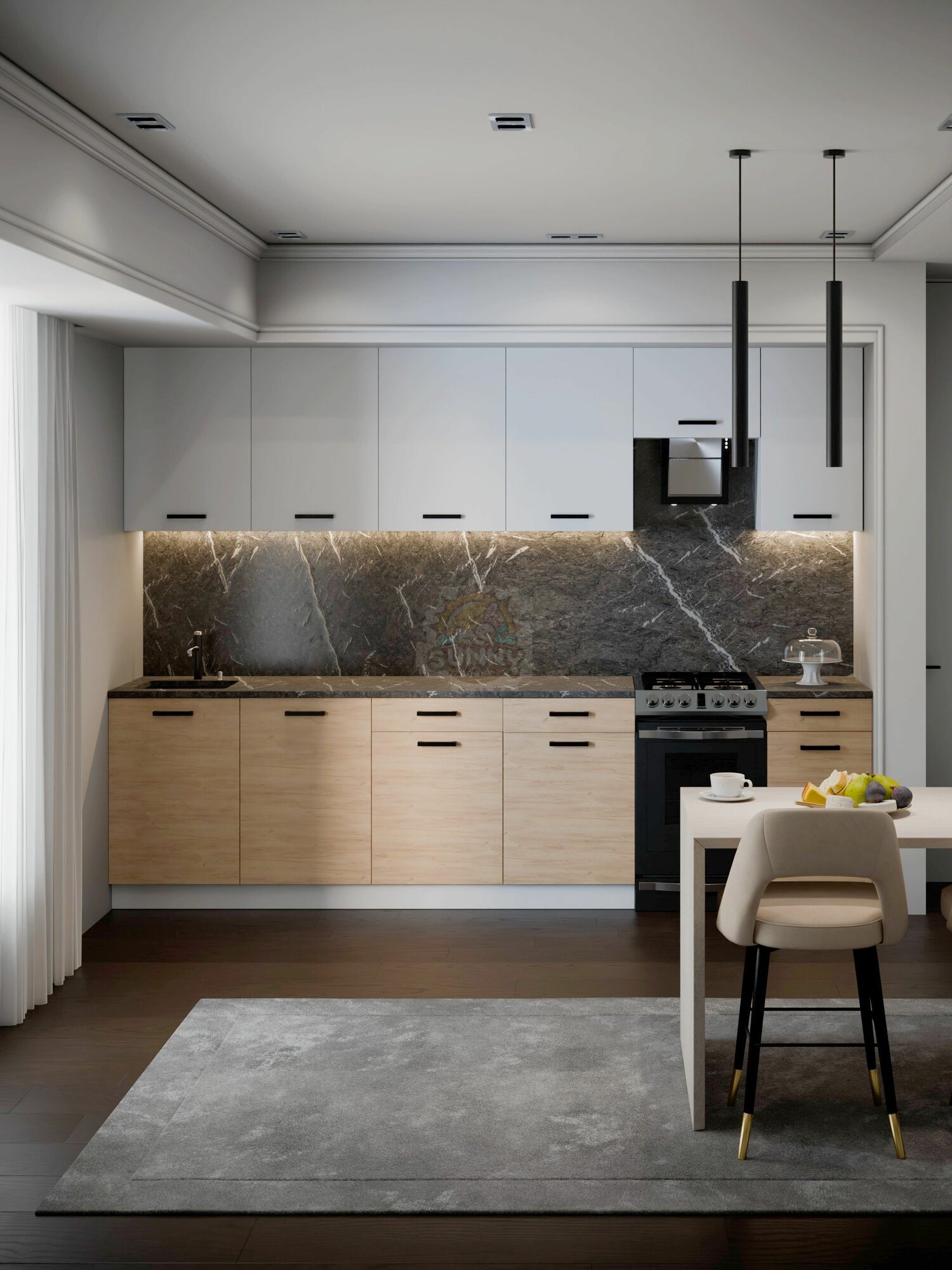 Кухня модульная прямая со столешницей Мария, 300 см, Белый гладкий/Дуб Вотан ЛДСП, 180 х 300 х 60 см, столешница 60 см.