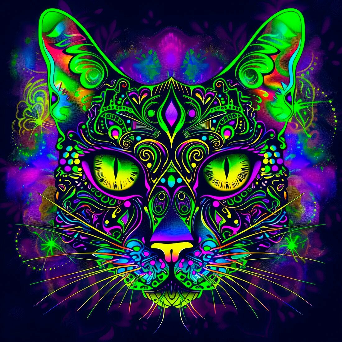 Флуоресцентная интерьерная картина на ткани с ярким рисунком "Fortune Cat" 150x150см - Арт панно фон, полотно на стену, светящийся в УФ ультрафиолете LED неоне гобелен, современный настенный декор
