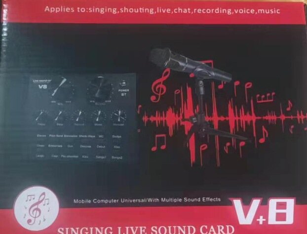 Набор для мобильной прямой трансляции V8plus с функцией изменения голоса, микрофон для ведущих, конденсаторный микрофон, звуковая карта для караоке с функцией изменения голоса для компьютера.