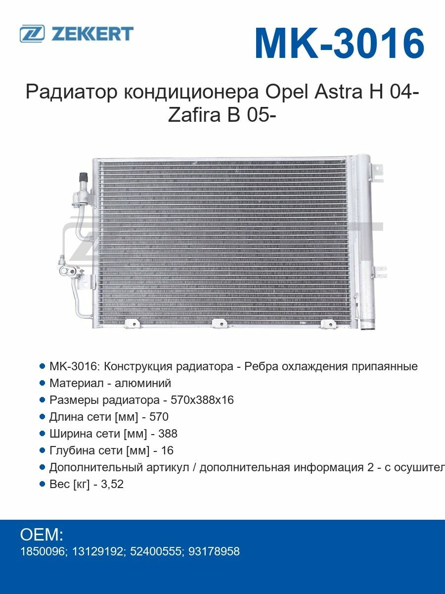 Zekkert Радиатор кондиционера Opel Astra H с 2004 года Zafira B с 2005 года