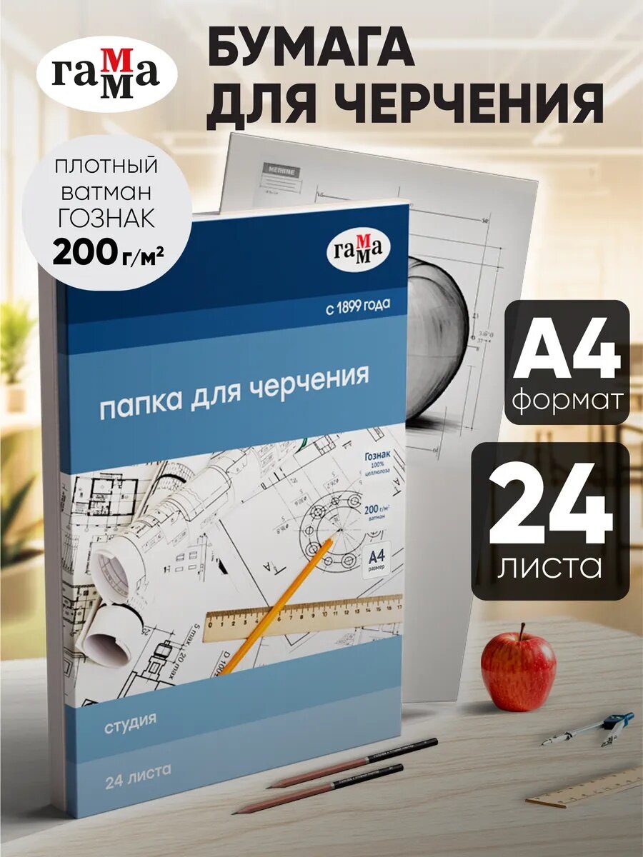Папка для черчения Гамма Студия, А4, 24 л, 200 г/кв. м, гладкая фактура