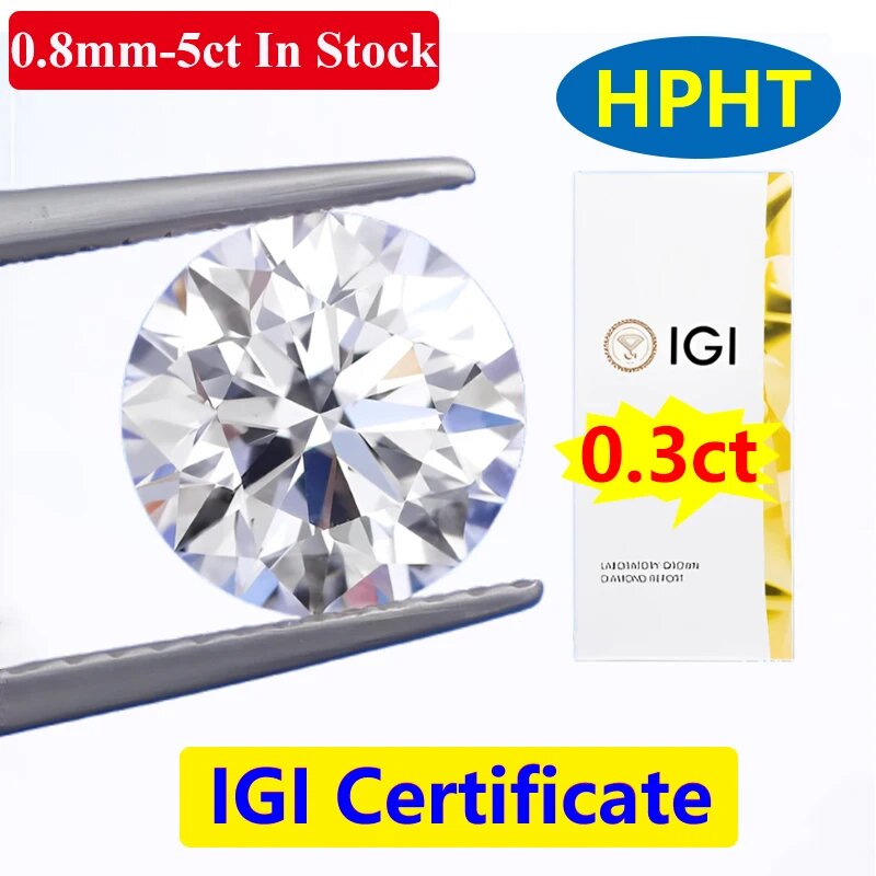 0,3-10 карат, полноцветная четкость HPHT CVD, круглый, выращенный в лаборатории бриллиант, свободный с сертификатом IGI, DEFG IF-VVS-SI Pass Test