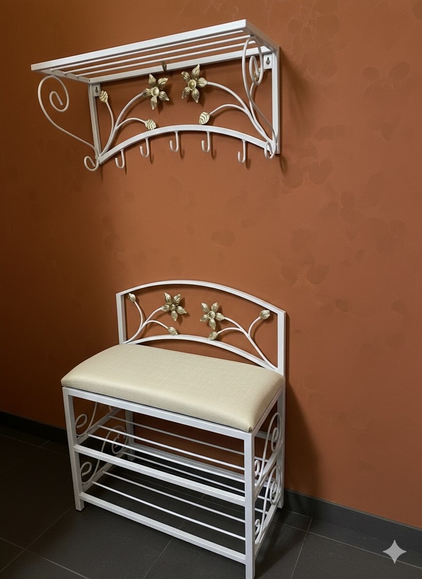 Кованая прихожая, вешалка + банкетка, Студия кованой мебели Нива, цвет белый/бежевый