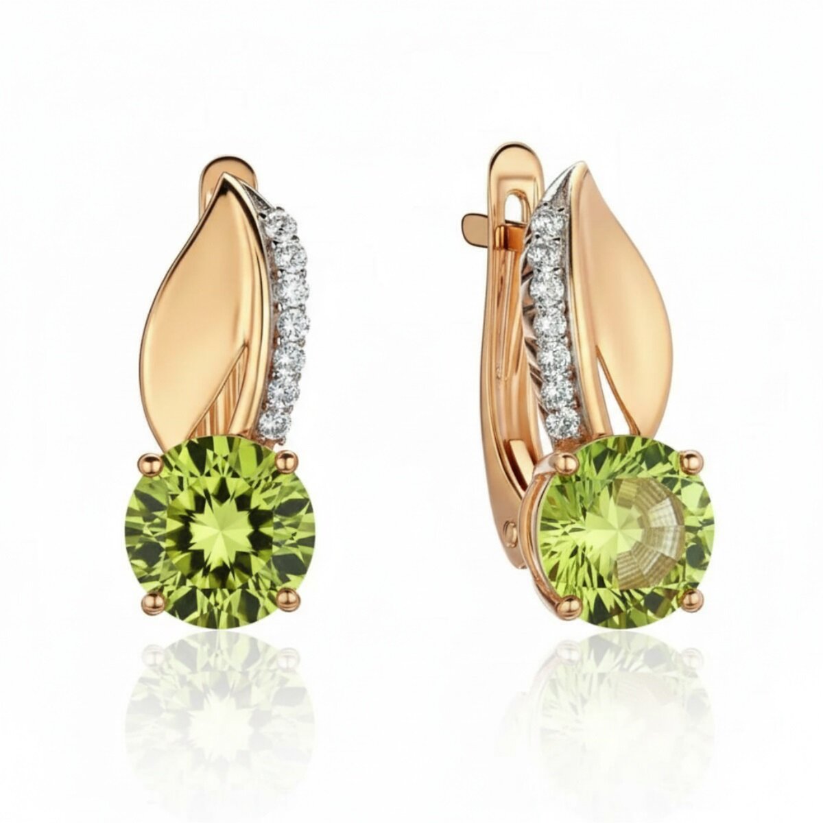 Серьги, красное золото, 585 проба, хризолит, фианит