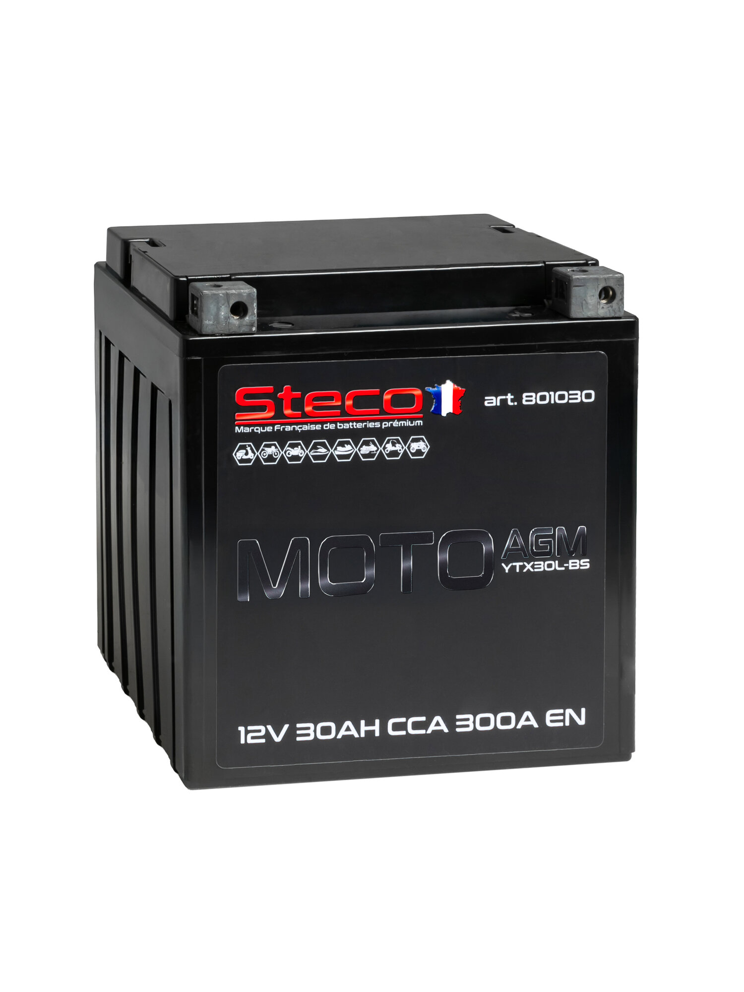 Мотоаккумулятор STECO YTX30L-BS, 30Ач, AGM, обратная полярность, пусковой ток 300А, 2026г