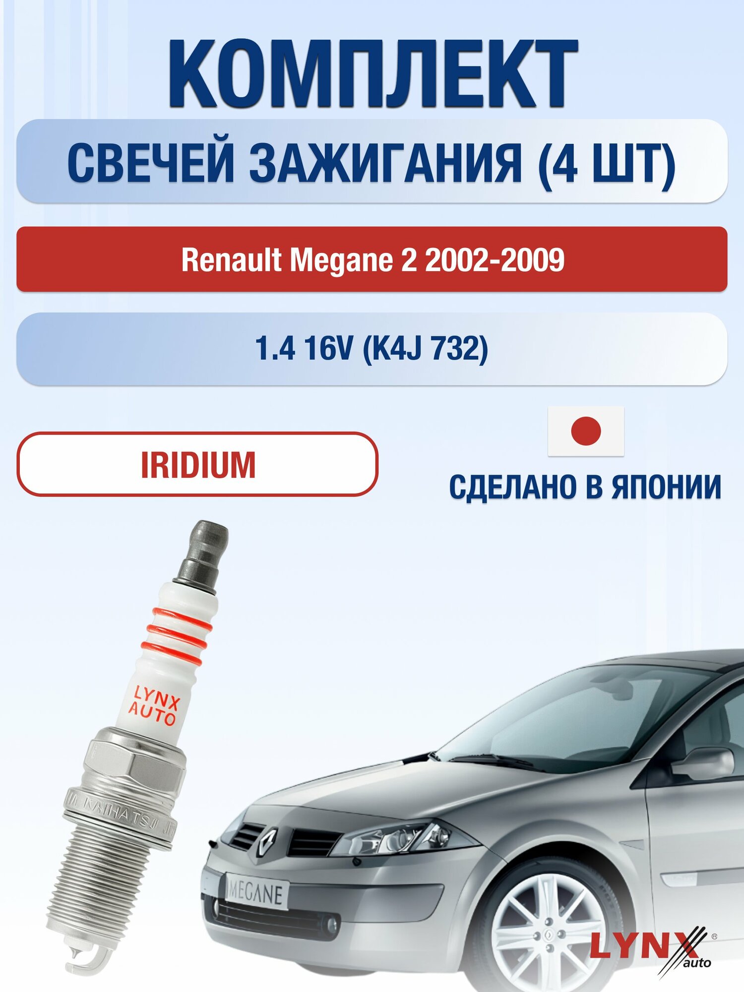 Свечи зажигания на Renault Megane 2 2002-2009г./ комплект 4 шт. Двигатель 1.4 16V (K4J 714) SP-223/ LYNXauto