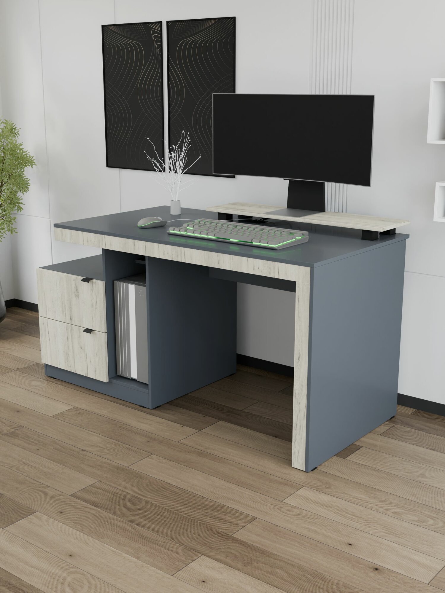 Изумлит Стол компьютерный для офиса и дома Вертикаль Лайт 162х80х74.5 см, тумба слева, графит - дуб крафт белый