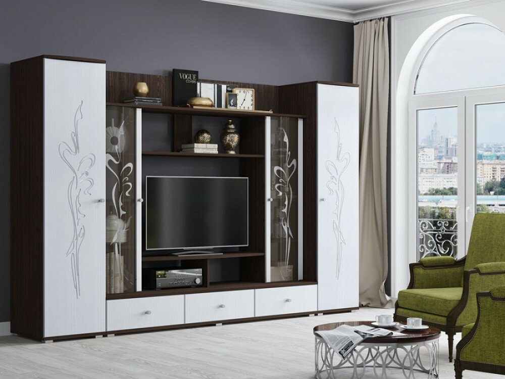 Комплект мебели для гостиной, с фасадами МДФ, современный, Венге/Белый глянец