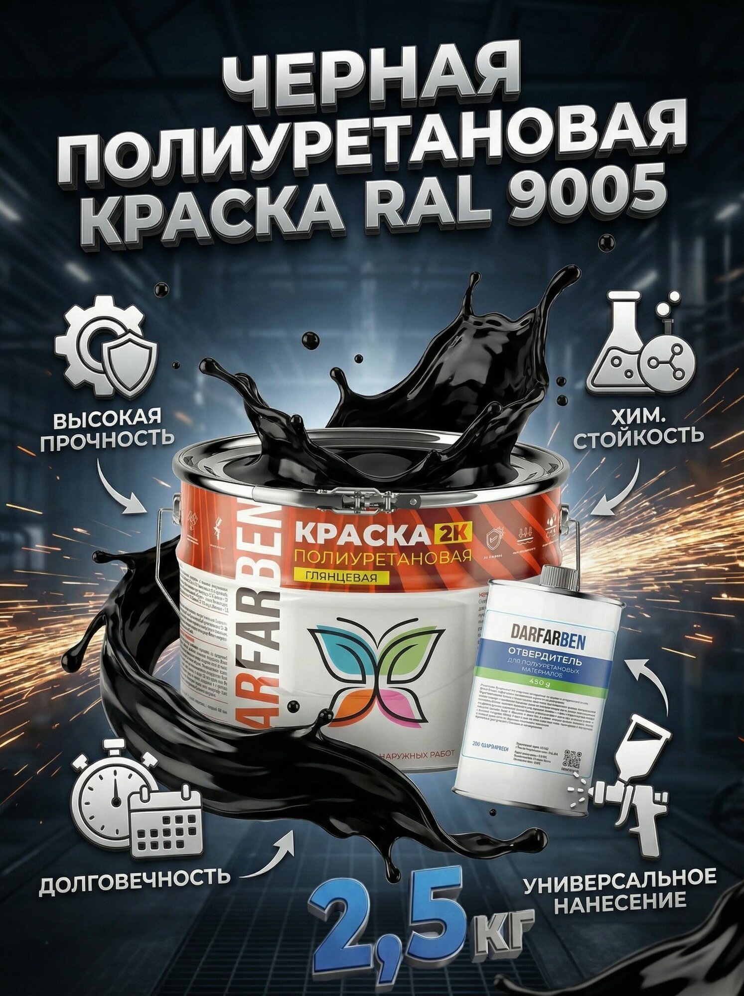 Краска Полиуретановая черная глянцевая по бетону, металлу, дереву 2.5 кг DARFARBEN