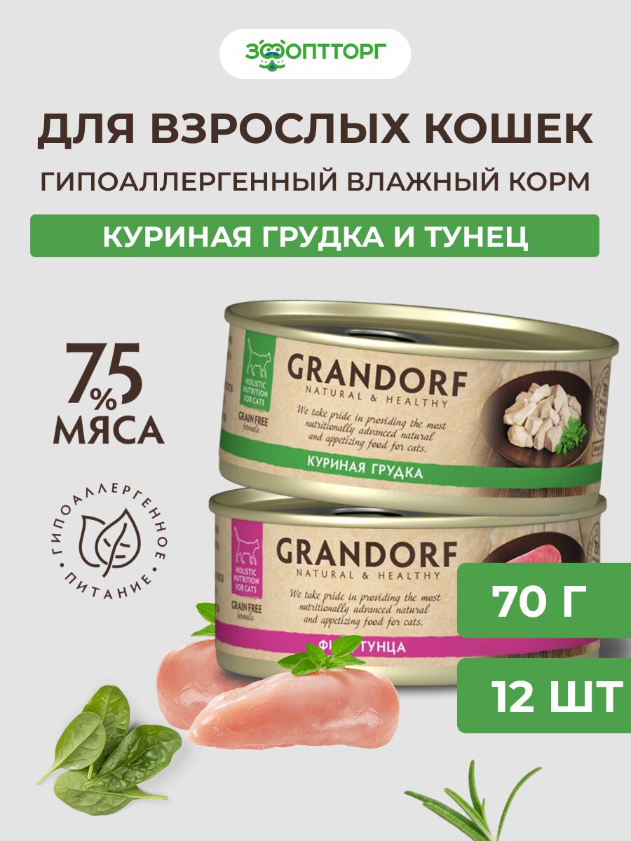 Комбо-набор Grandorf консервы для кошек ассорти вкусов, Куриная грудка и тунец, 12 х 70 г.