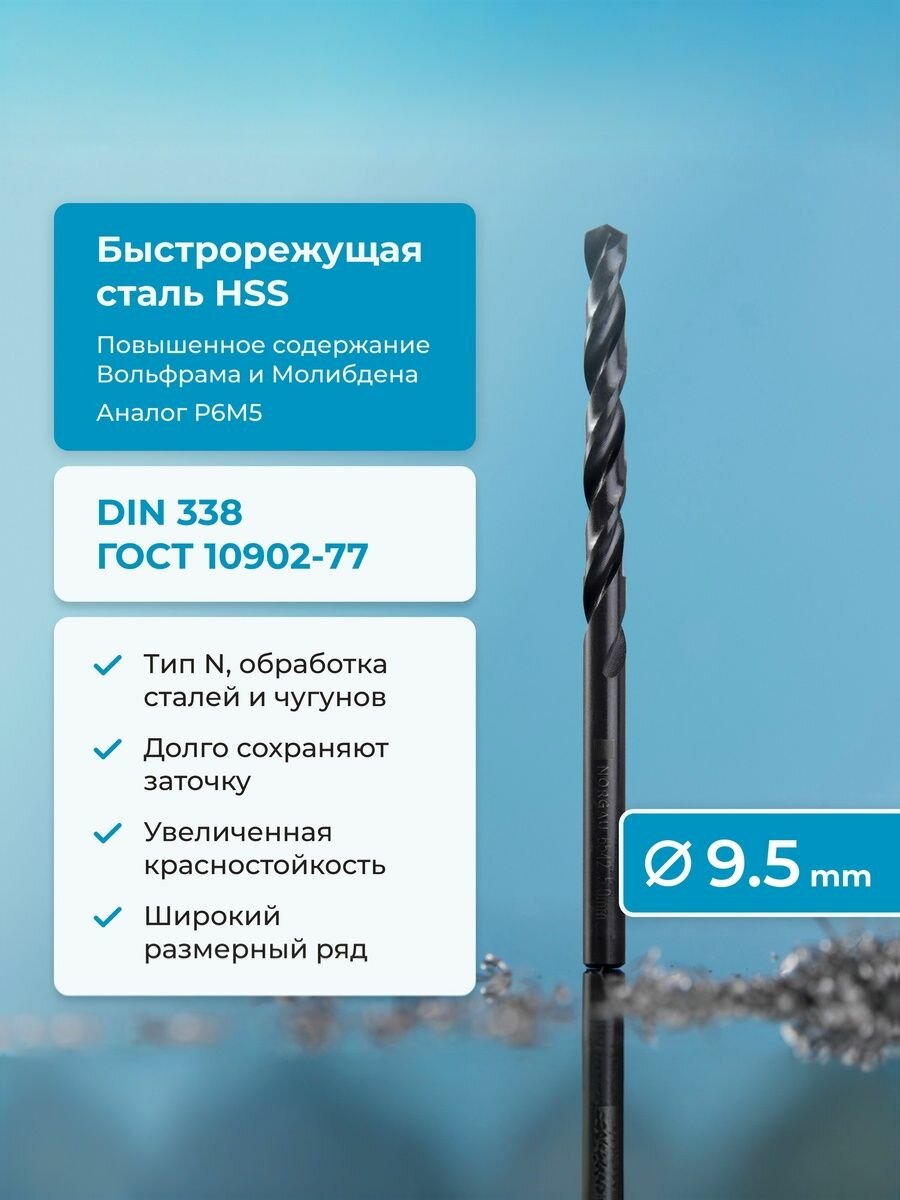 Сверло по металлу NORGAU Industrial, HSS с парооксидированной обработкой и шлифованным профилем, спиральное, DIN338, 9.5 мм