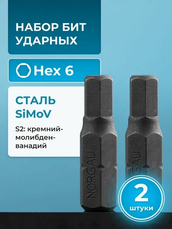 Набор бит ударных HEX6 NORGAU Industrial из стали S2, для ударной отвертки с шестигранником 5/16" 2 шт