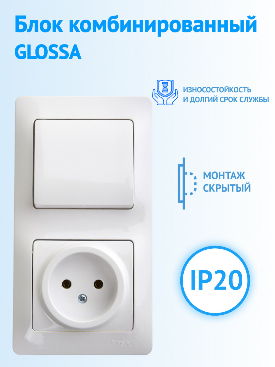 Блок Systeme Electric Glossa с одноклавишным выключателем и розеткой белый GSL000160