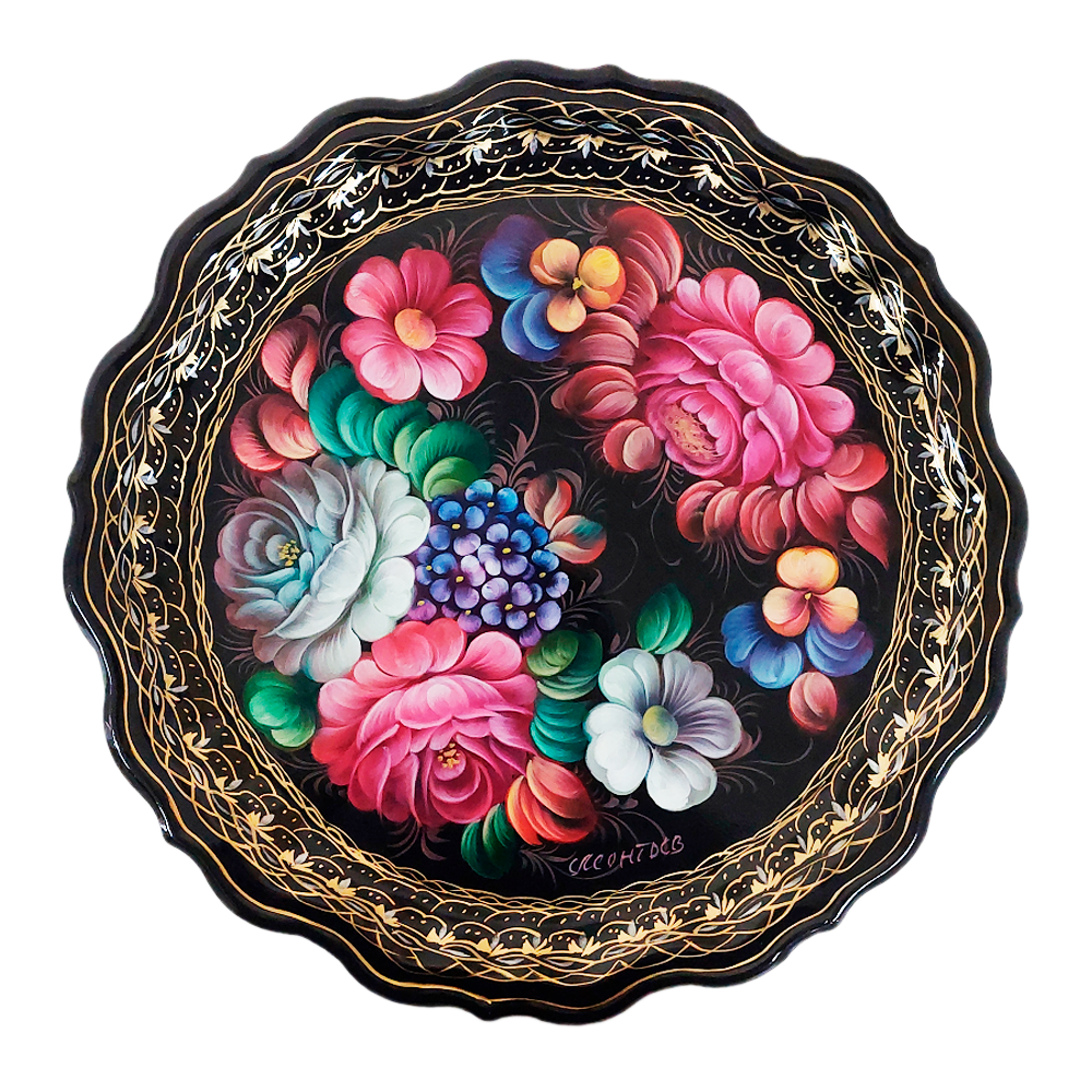 Поднос металлический, круглый "Романтическое приключение", жостово 37см.