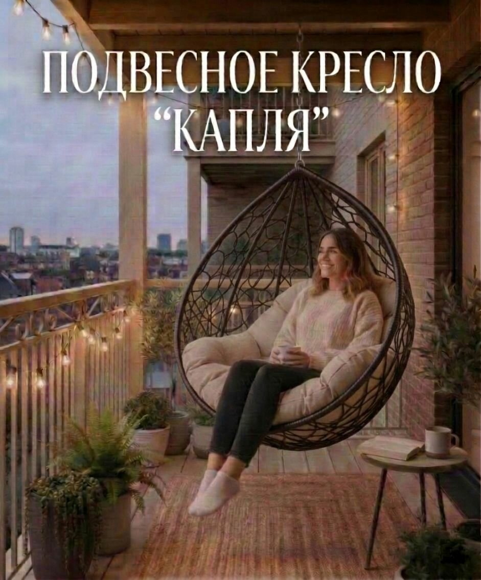 Подвесное кресло "Капля" без стойки, коричневое с бежевой подушкой, + цепь 2м