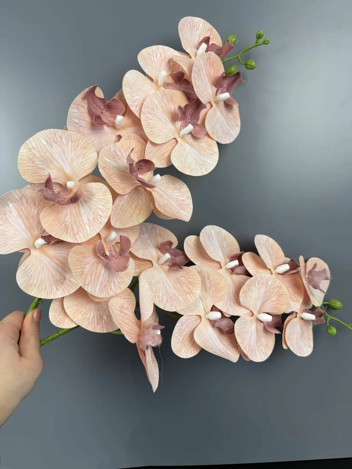 Искусственные цветы премиум для кашпо декора и интерьера Орхидея 3D латекс 2 ветки 95см персиковая